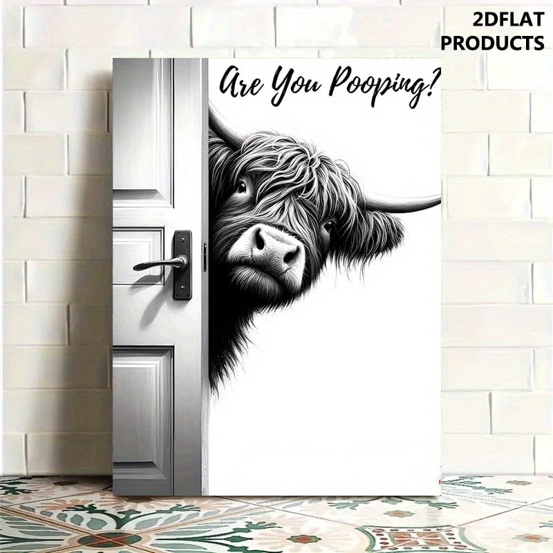 1pc 2D Flat Black and White Canvas Art: A Longhorn Bull Peeking Through ...