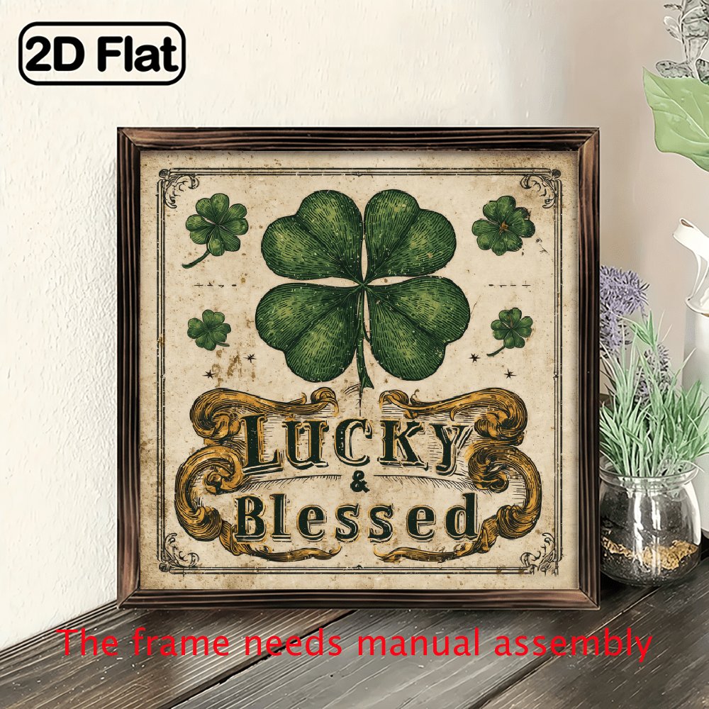 1pc 2D Flat Rustic Lucky Blessed Wood Framed Wall Sign St Patrick'S Day ...