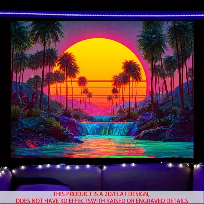 1pc 2D Fold Black Tapestry - Neon Tropical Sunset Palm Tree Wall Decor ...