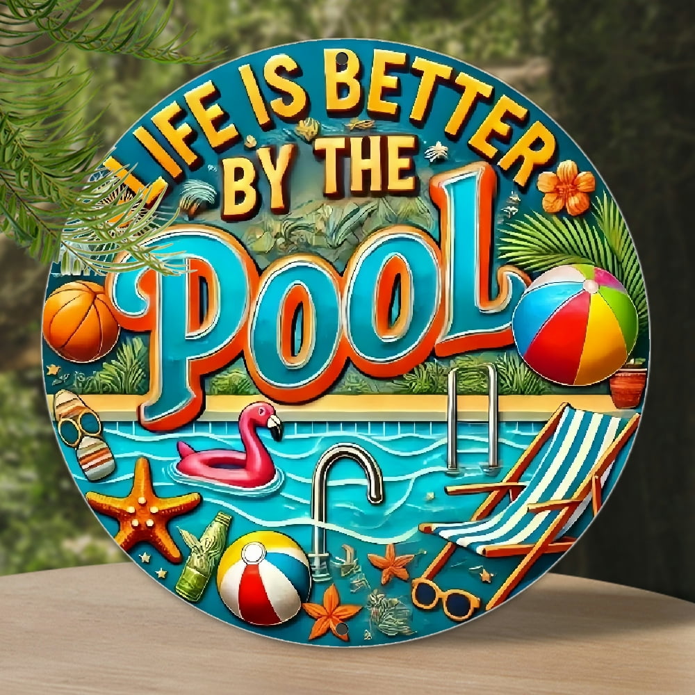 1pc 2D Retro Poolside Atmosphere 8x8 Inch Round Aluminum Wall Sign ...