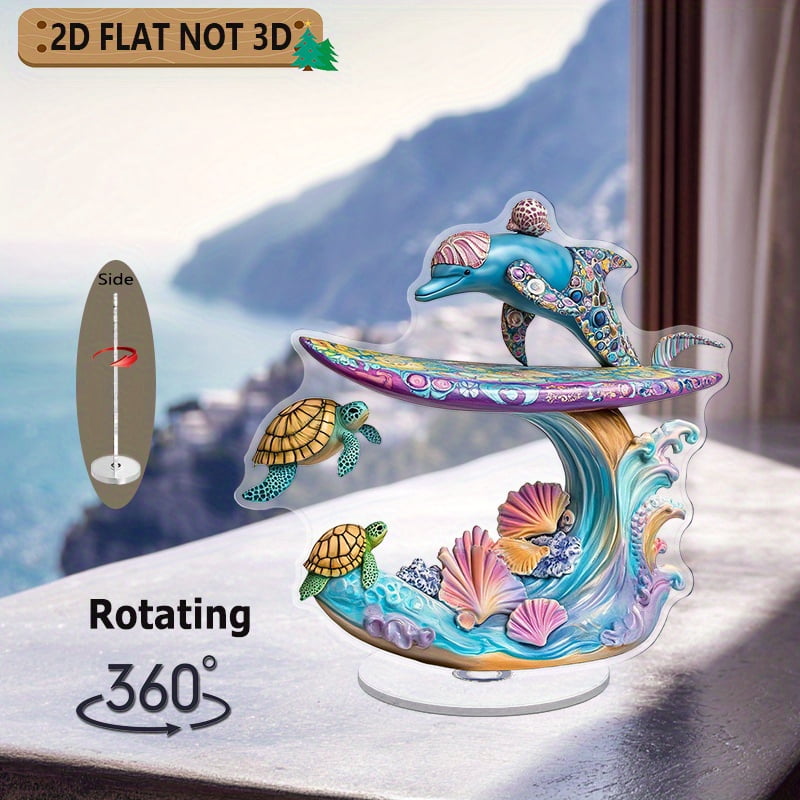 1pc 2d flat Revolving acrylic display featuring a dolphin surfing on a ...