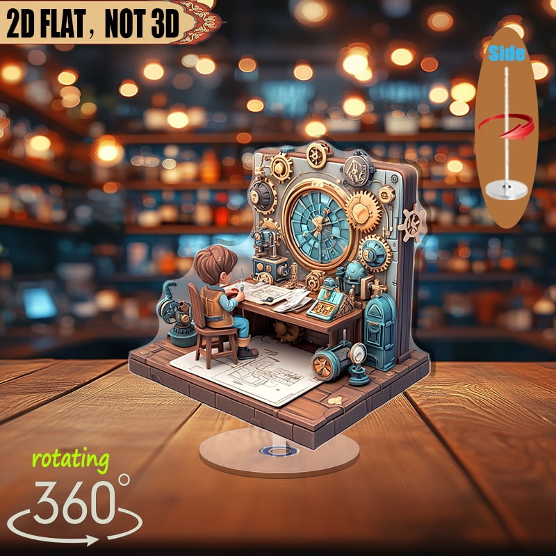 1pc 2d flat Revolving acrylic display of an inventor at a desk with ...