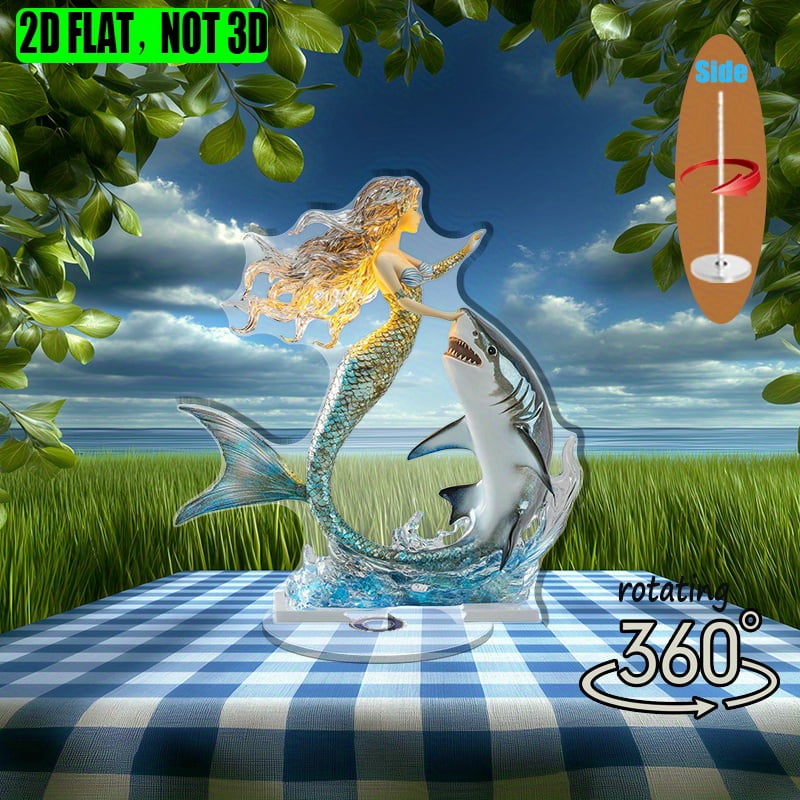 1pc 2d flat Rotating acrylic display featuring a mermaid and shark on a ...