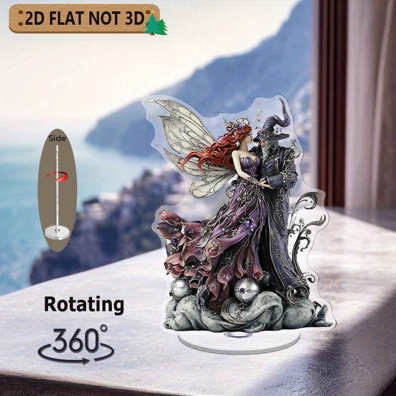1pc 2d flat Rotating acrylic display featuring a fairy and wizard surrounded by mystical orbs ...