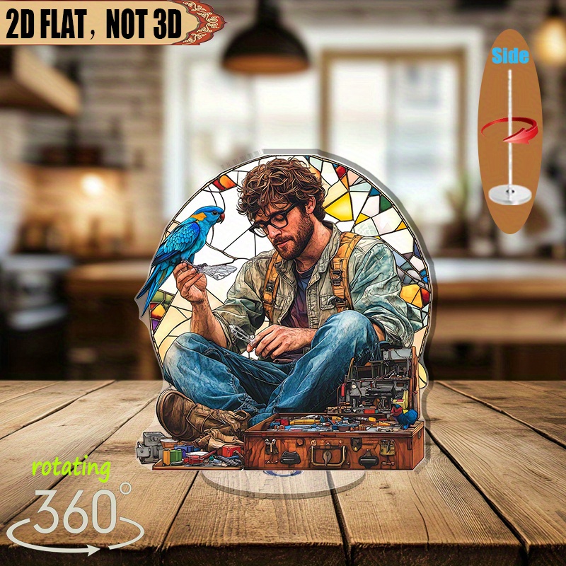 1pc 2d flat Rotating acrylic display featuring a man assembling a model ...