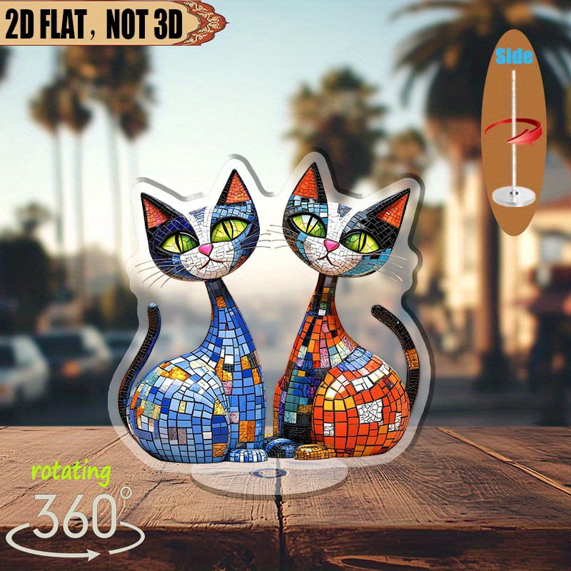 1pc 2d flat Rotating acrylic display featuring two vibrant cats in ...