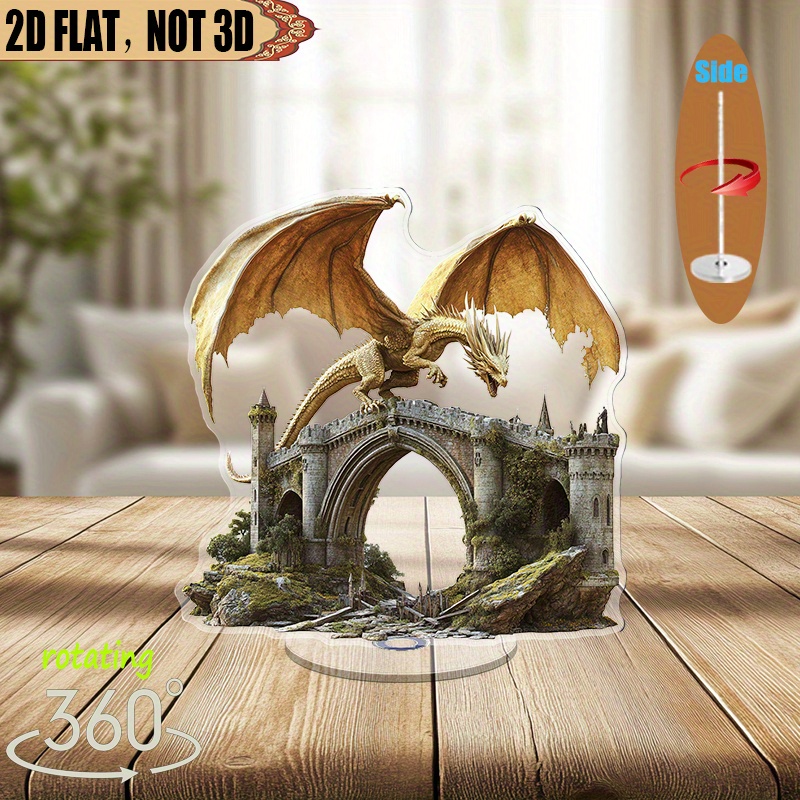 1pc 2d flat Rotating acrylic tabletop display featuring a golden dragon ...