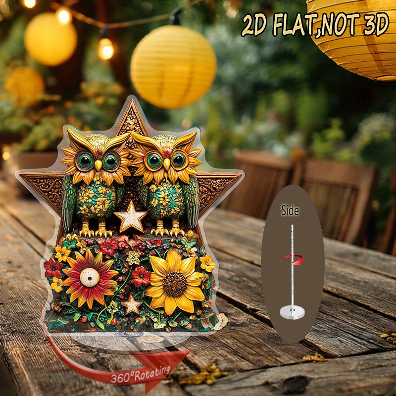 1pc 2d flat Rotating acrylic tabletop display featuring golden owls in ...