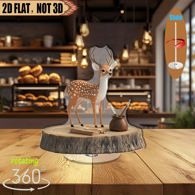 1pc 2d flat Rotating acrylic tabletop figurine featuring a spotted deer alongside a quill and ...