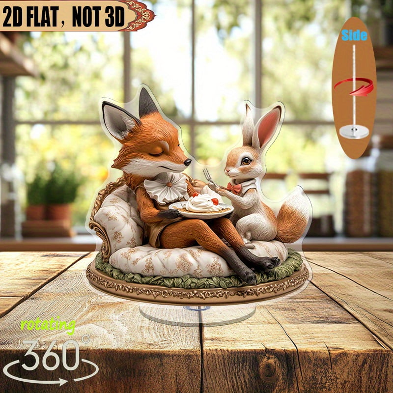 1pc 2d flat Rotating acrylic tabletop piece featuring a chocolate tart fox and meringue hare ...