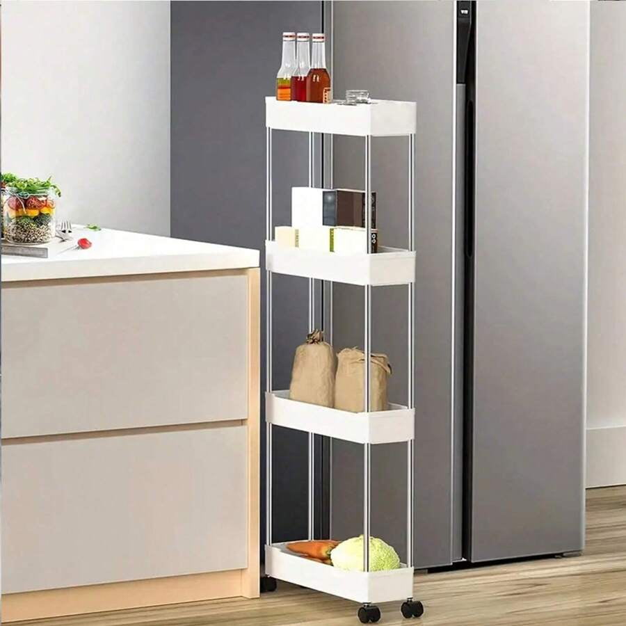 1pc 3/4 Tier Kitchen Storage Rack, Freestanding Mobile Trolley In White ...