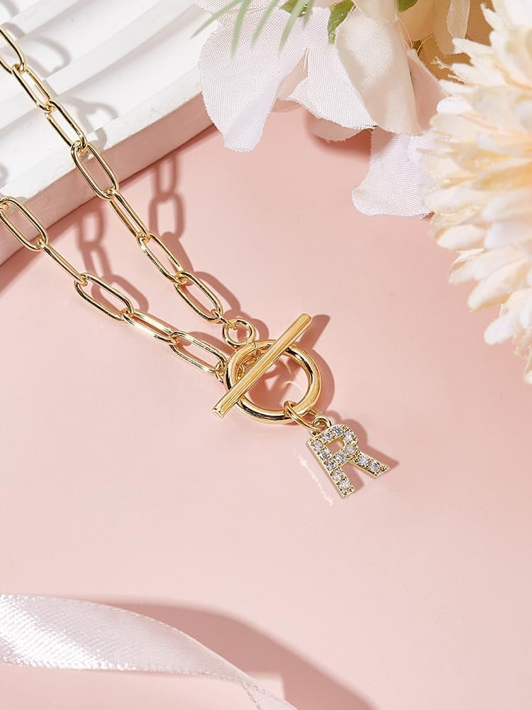 1pc 304 Stainless Steel Chain & Brass Micro Pave Cubic Zirconia Letter Pendant Necklaces Golden ...