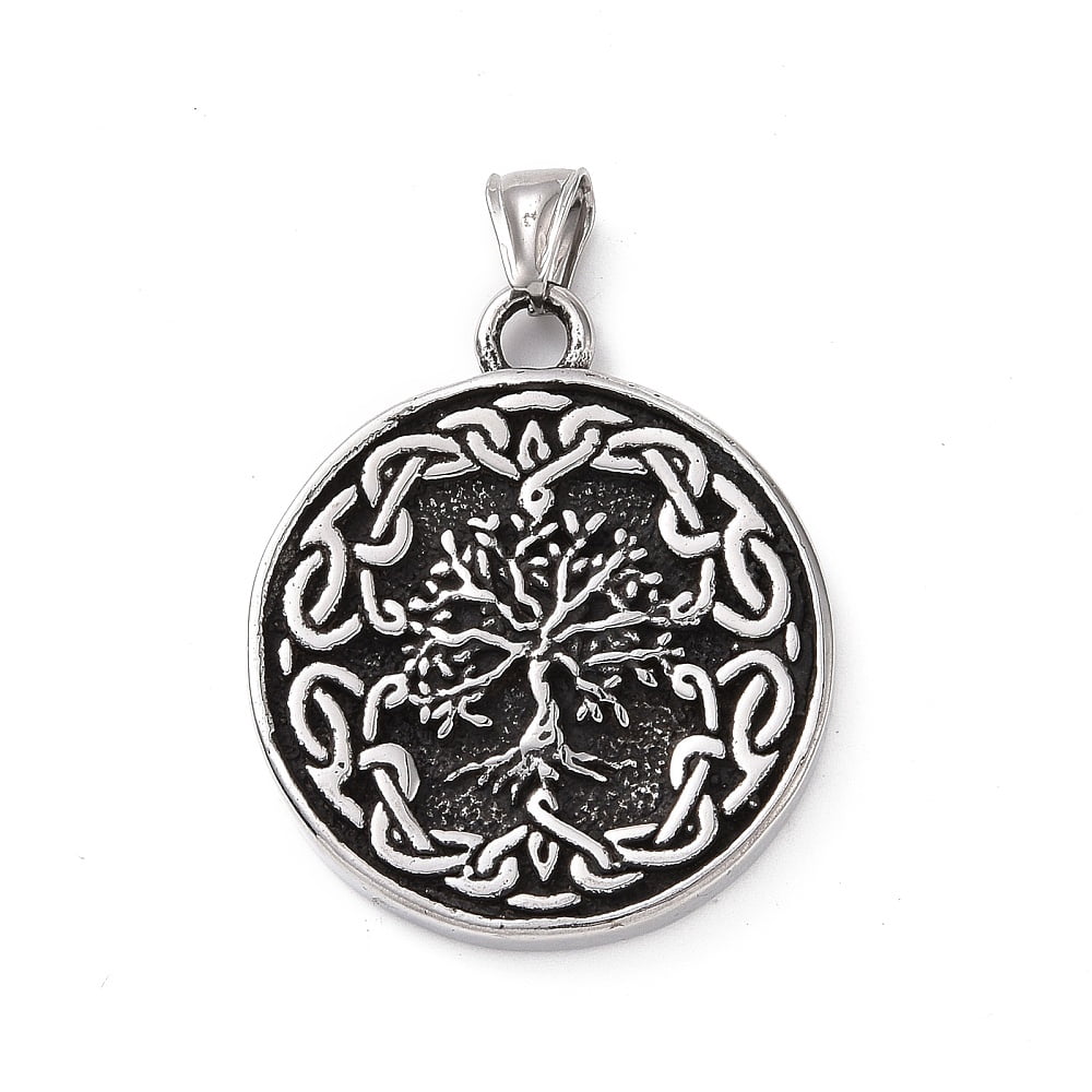 1pc 304 Stainless Steel Pendants Flat Round with Tree Antique Silver 44 ...