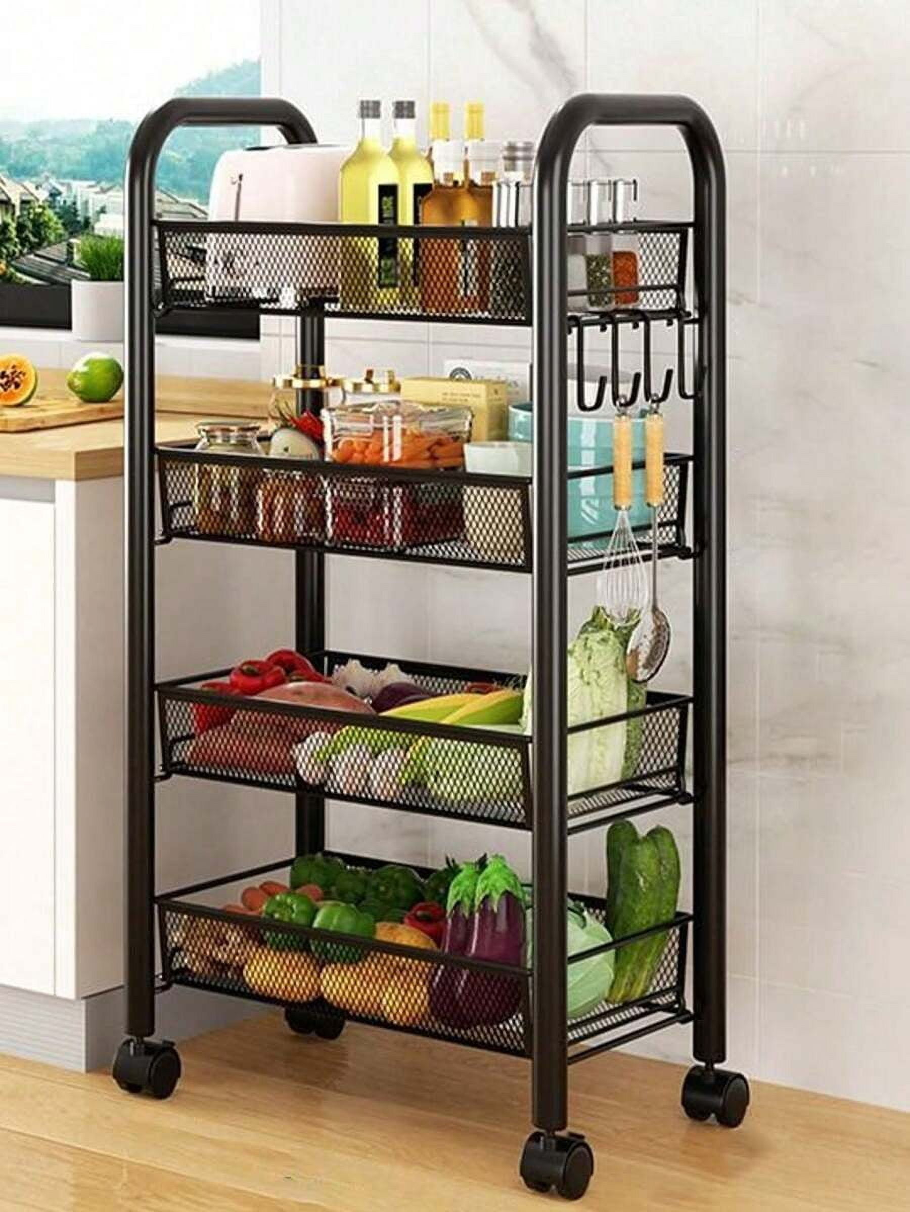 1pc 4&3 Tier Black Mesh Wire Rolling Cart, Full Metal Kitchen Storage ...