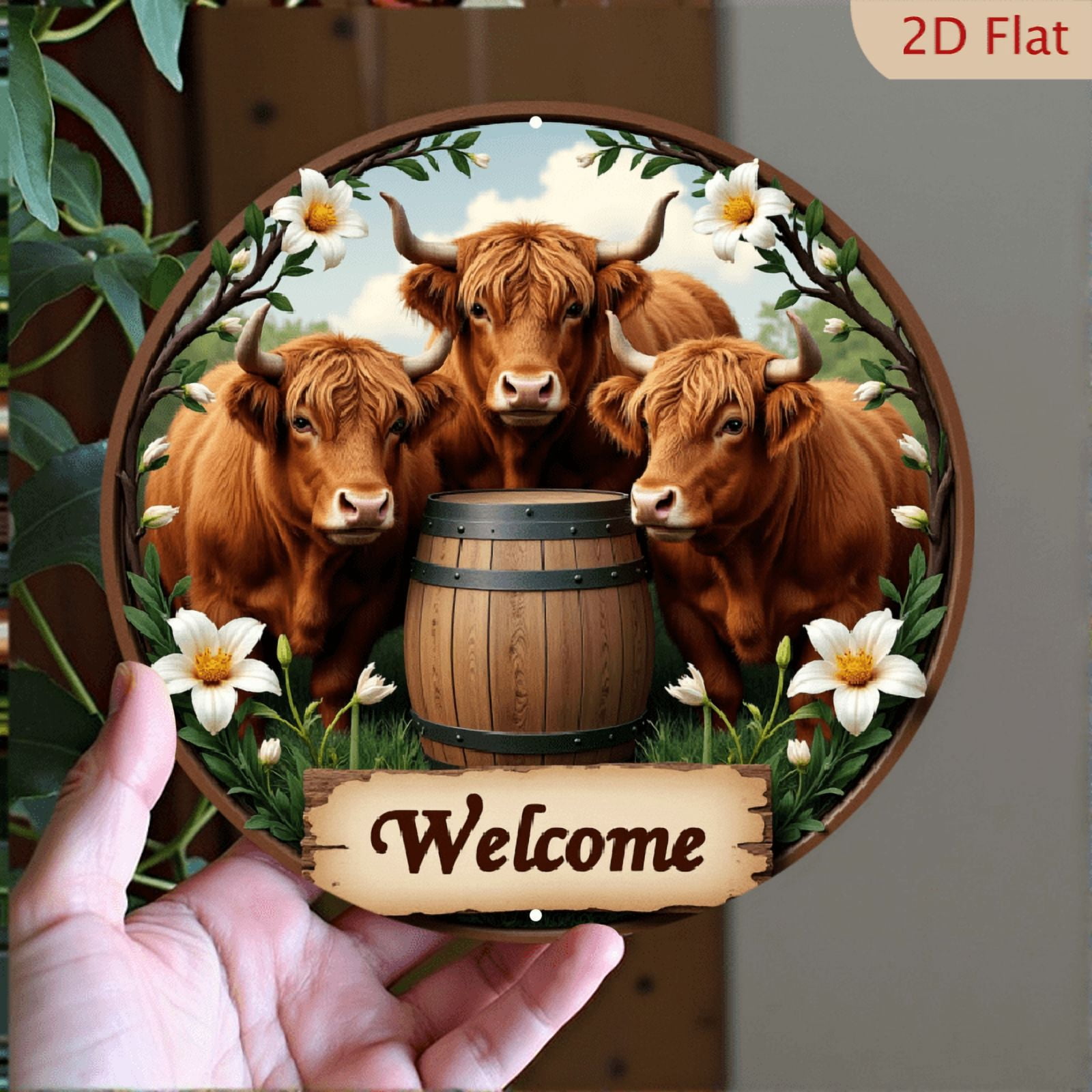1pc 8*8 Inch Aluminum Highland Cows Floral Welcome Wall Sign - Rustic ...