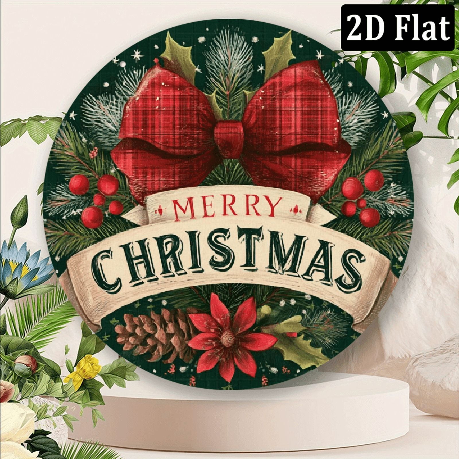 1pc 8x8 Inch Circular Christmas Wall Art - Festive Bowknot Garden Sign ...