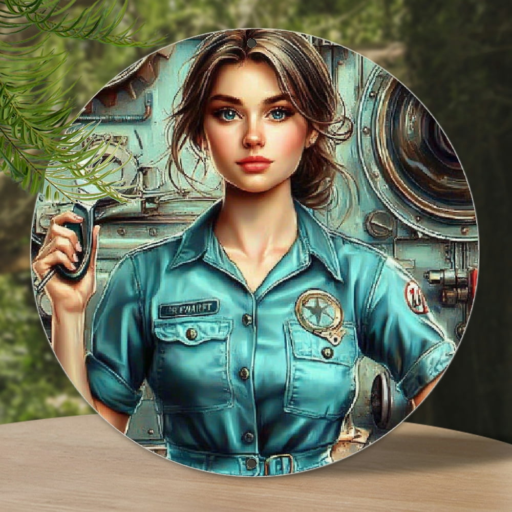 1pc 8x8 inch Aluminum Round Sign - Vintage Mechanic Woman Design with ...