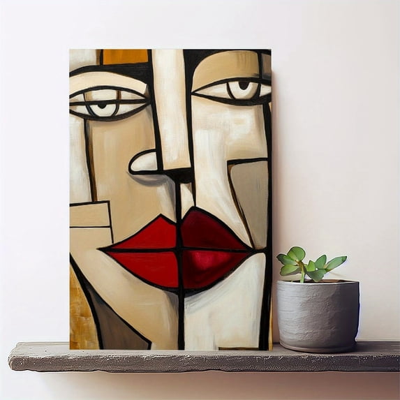 1pc Abstract Cubist Face & Lips Wall Art - Modern Geometric Canvas ...