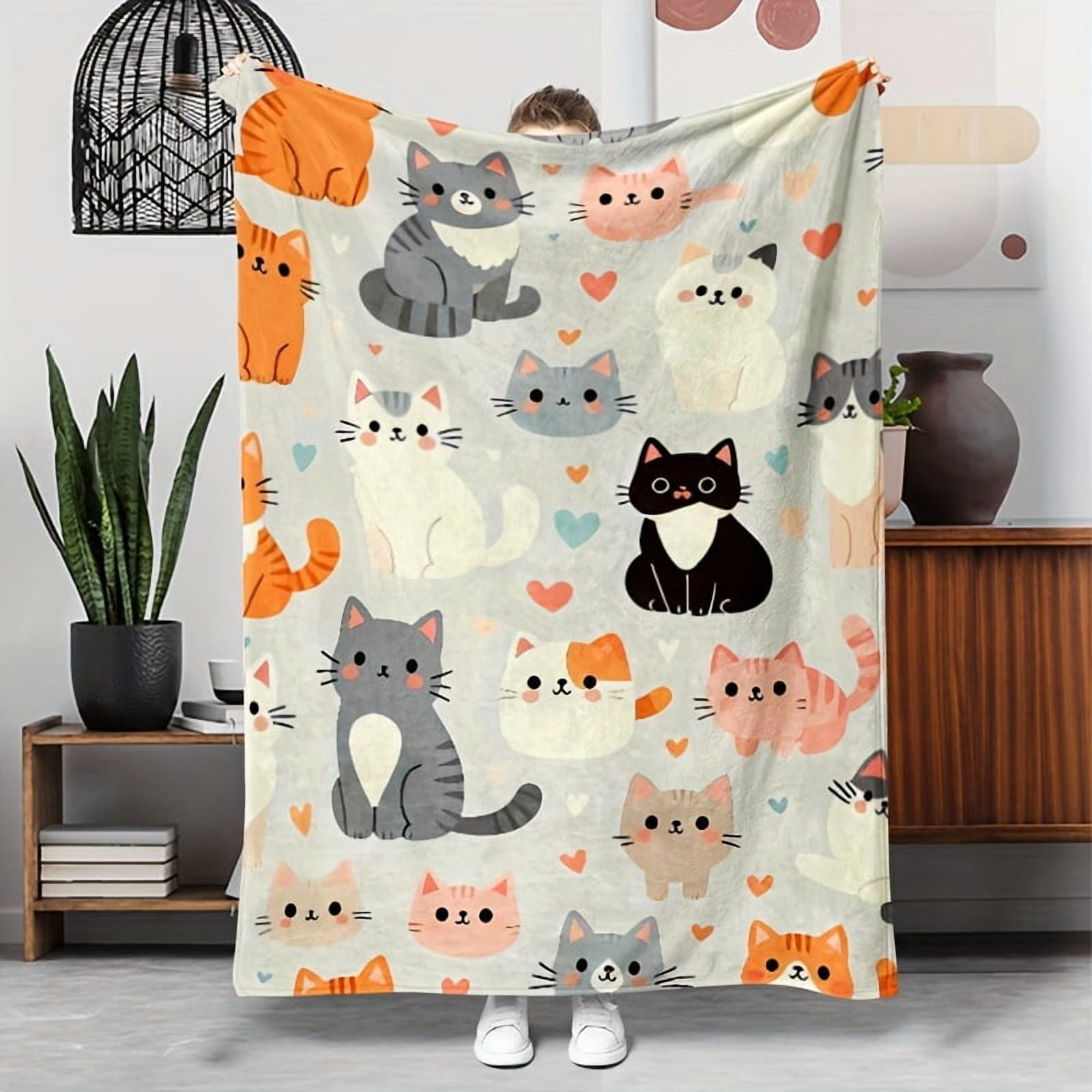 1pc Adorable Cat Print Flannel Blanket - Soft Cozy All-Season Multi-Use ...
