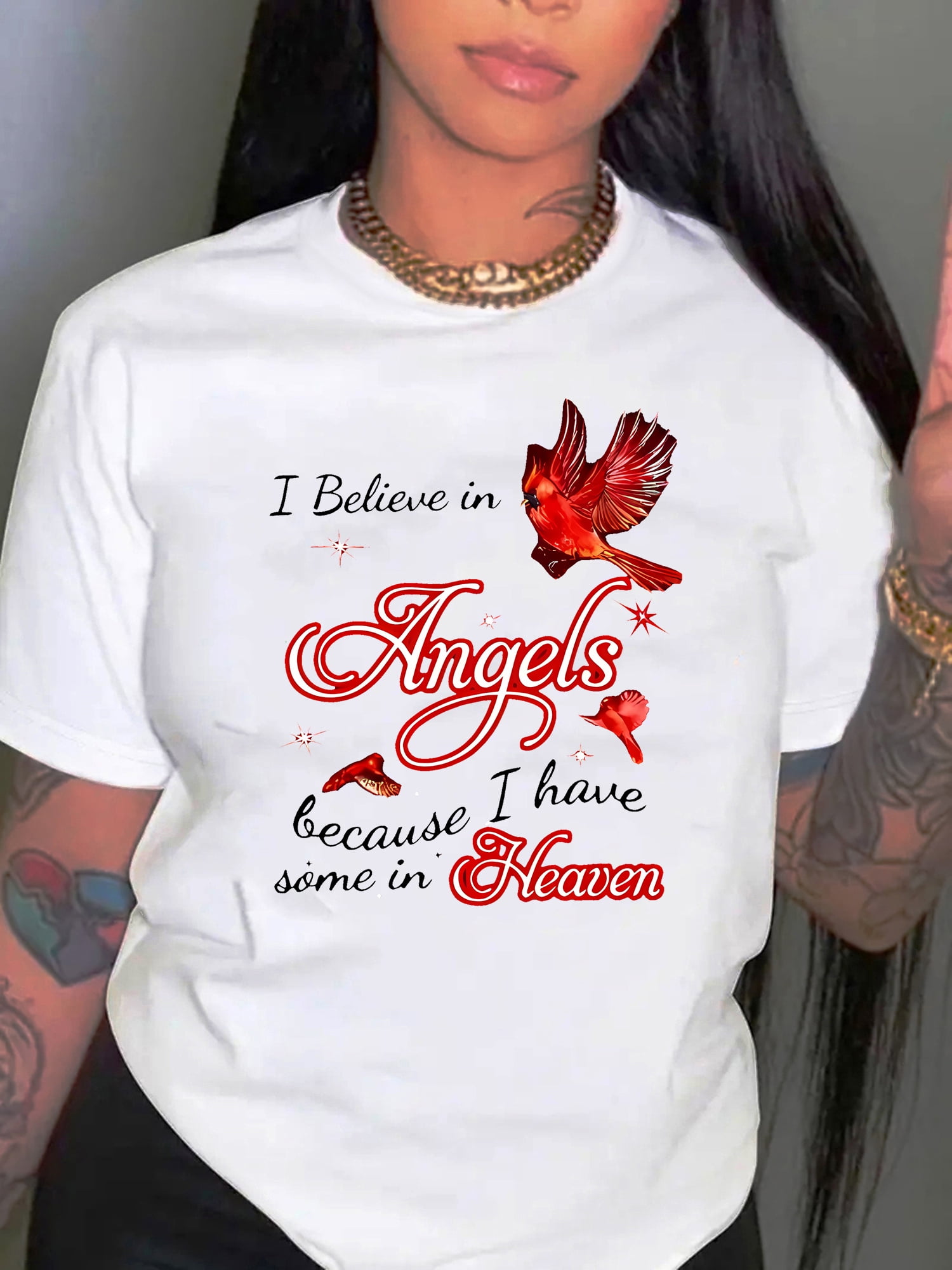 1pc Angel Believer Red Cardinal Bird Print T-Shirt, Women'S Casual Crew ...