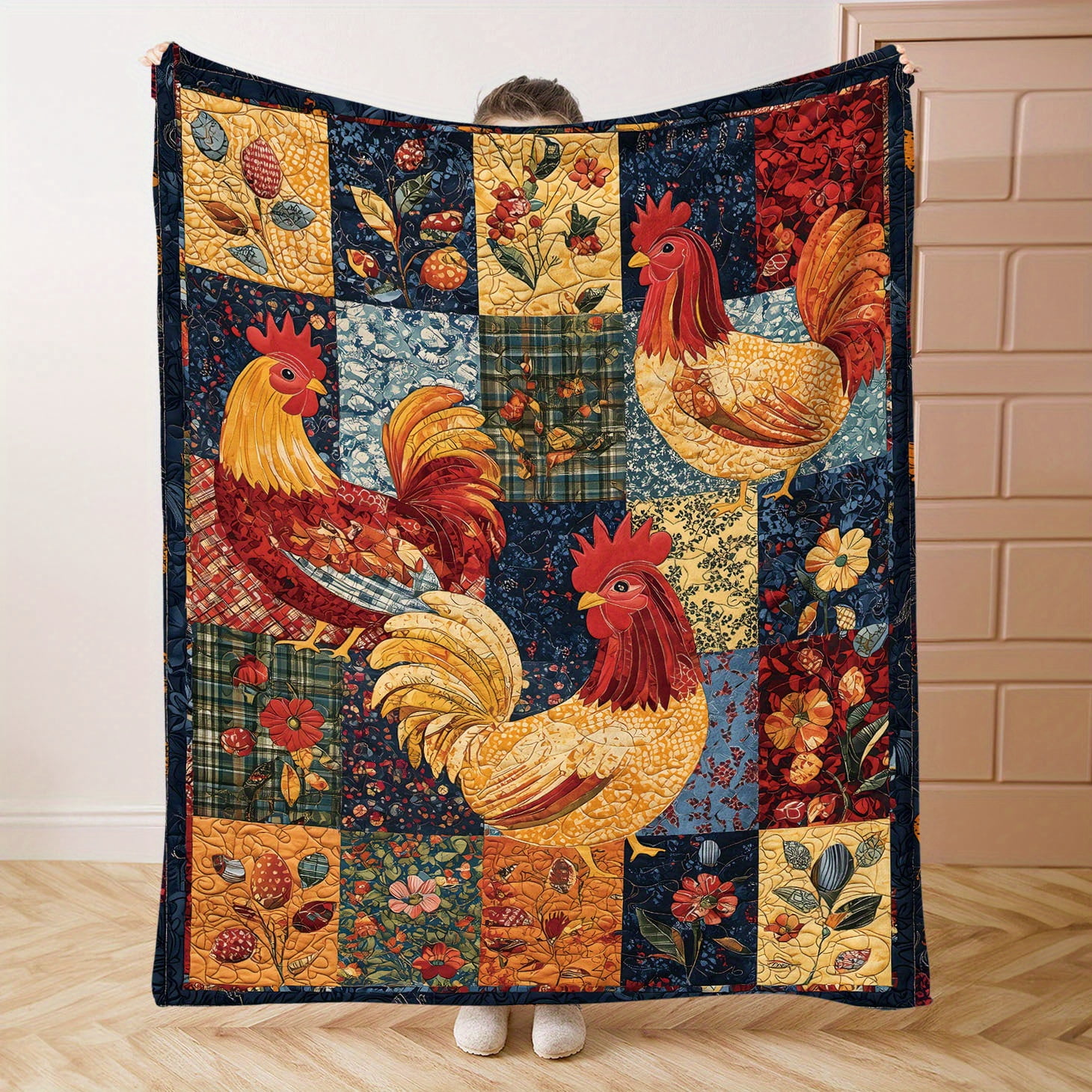 1pc Animal Element Chick Patchwork Quilt, Digital Print Flannel Blanket ...