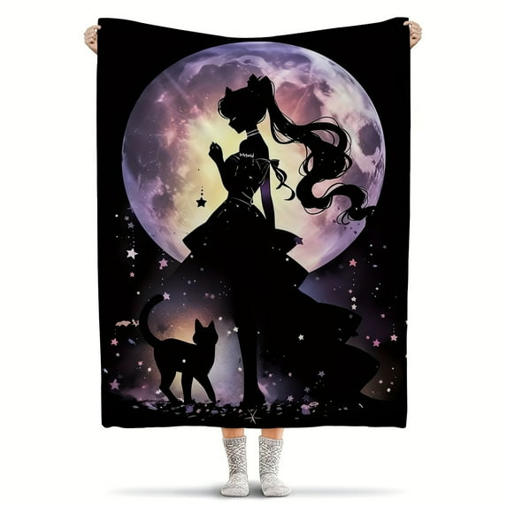 1pc Anime Girl & Cat Silhouette Throw Blanket, Soft Comfortable ...