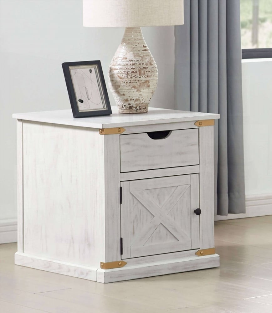 1pc Rustic Style Antique White End Table with Drawers & Barnyard Design ...