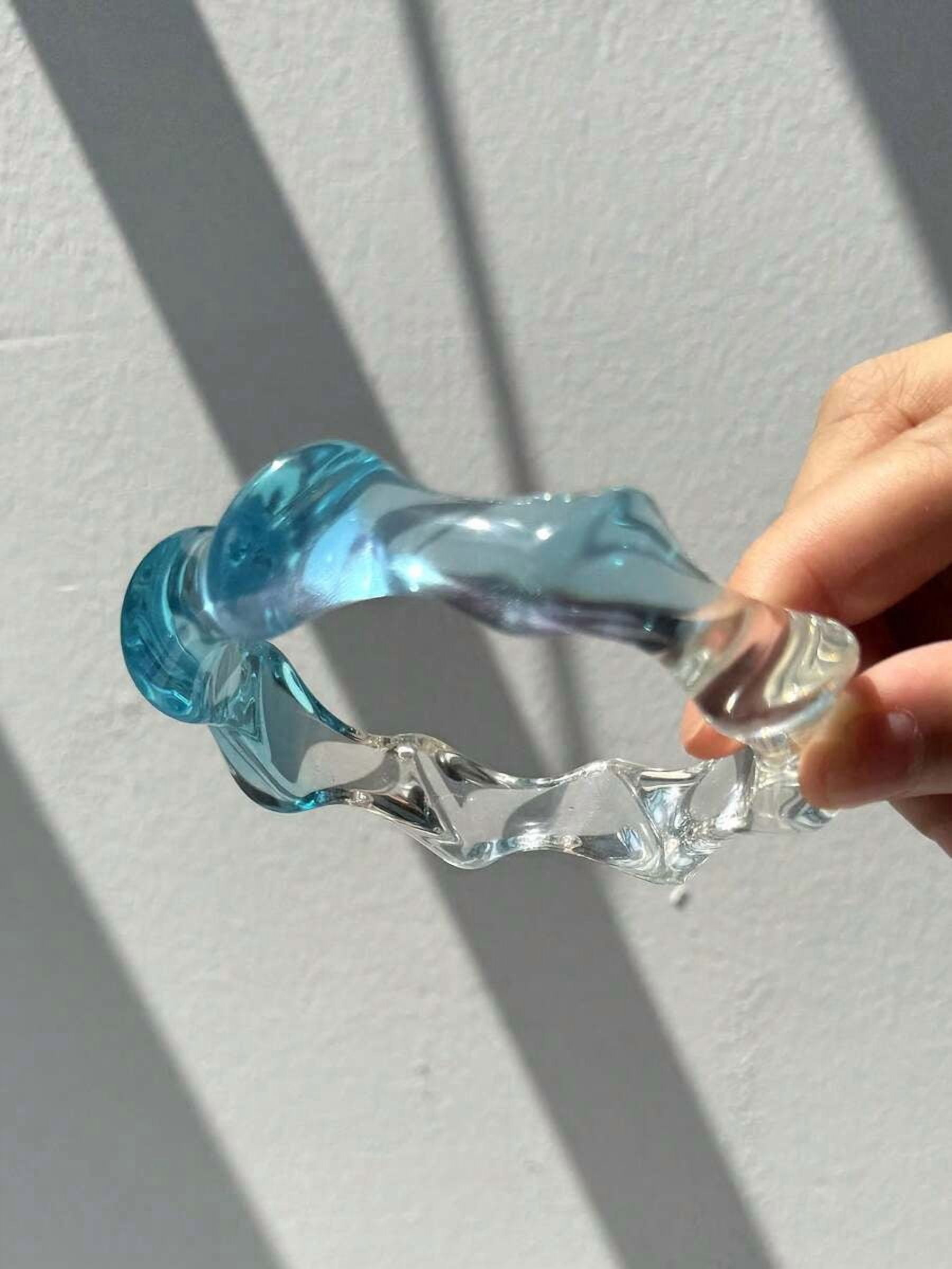1pc Asymmetrical Resin Bangle In E: Iridescent Aqua-Blue To Clear Laser ...