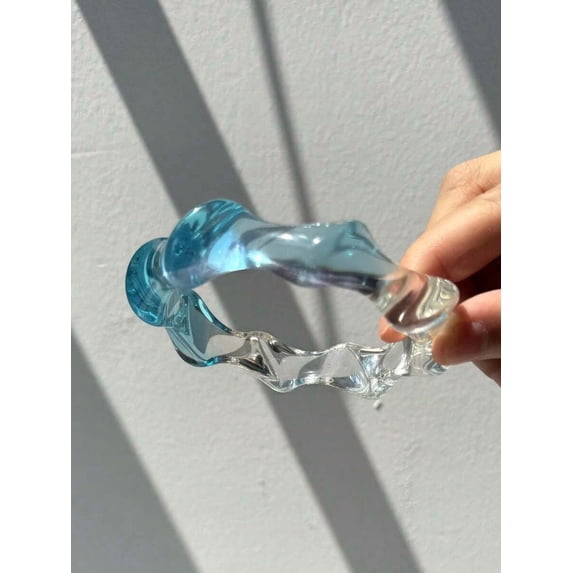 1pc Asymmetrical Resin Bangle In E: Iridescent Aqua-Blue To Clear Laser ...