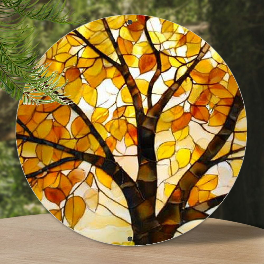 1pc Autumn Tree & Leaves Stained Glass-Style Aluminum Wall Sign - 8x8 ...