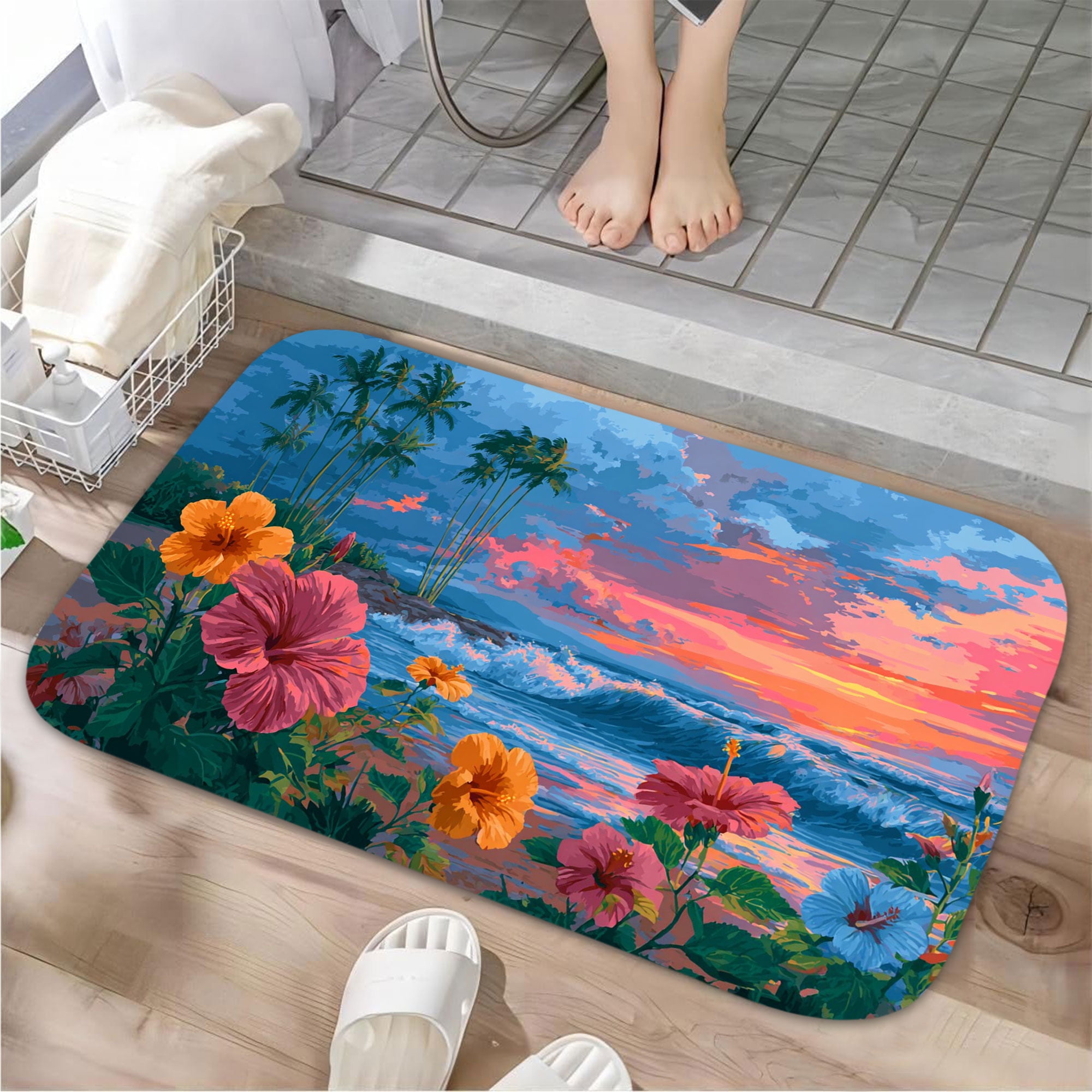 1pc Beach at Sunset with Flowers Absorbent Non-Slip Bathroom Thickened ...