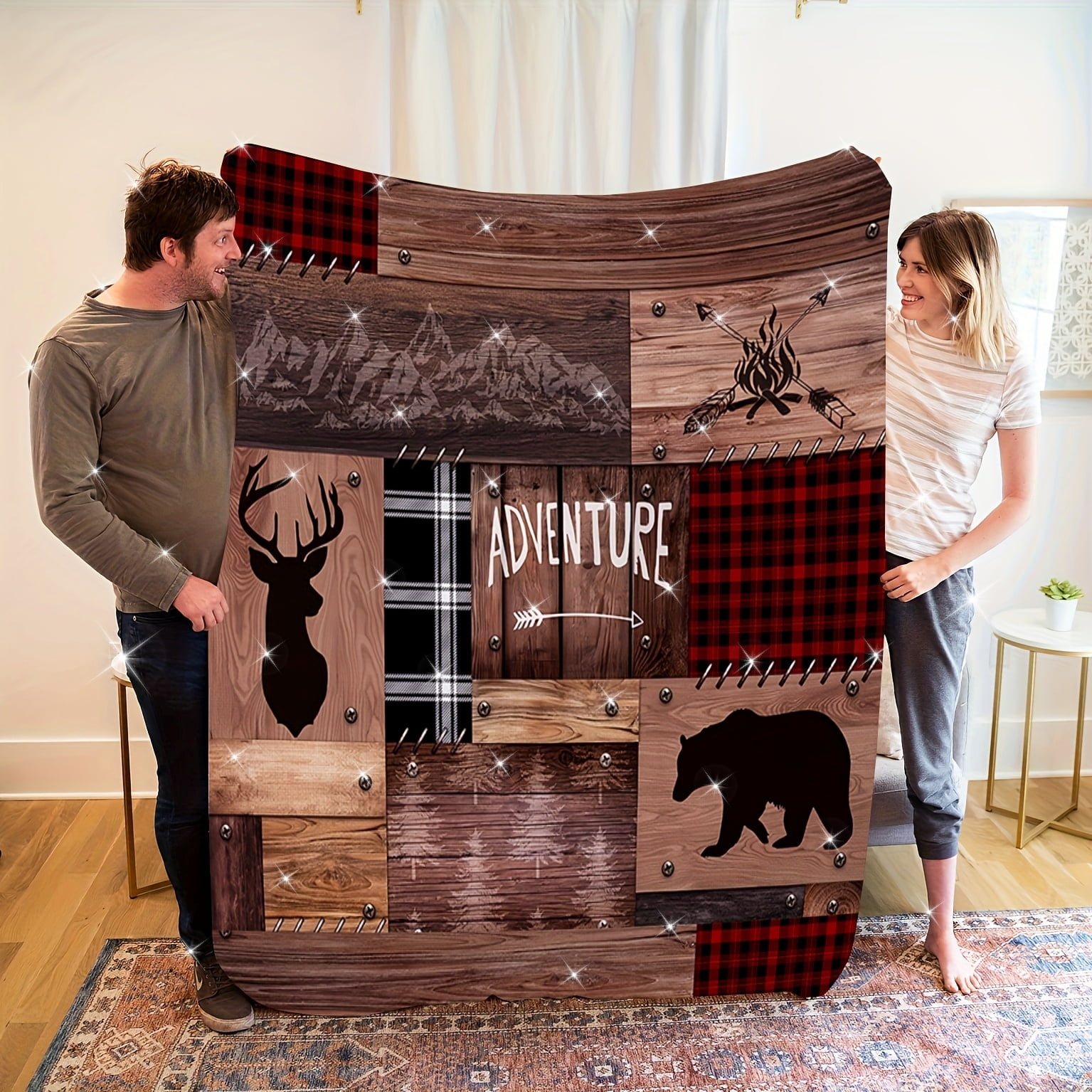 1pc Bear & Deer Head Wilderness Flannel Blanket Quilted Bedspread ...