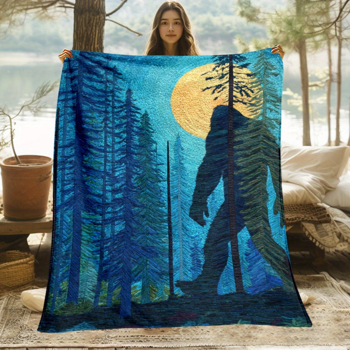 1pc Bigfoot in Forest Nighttime Throw Blanket - Plush Flannel Bedspread ...