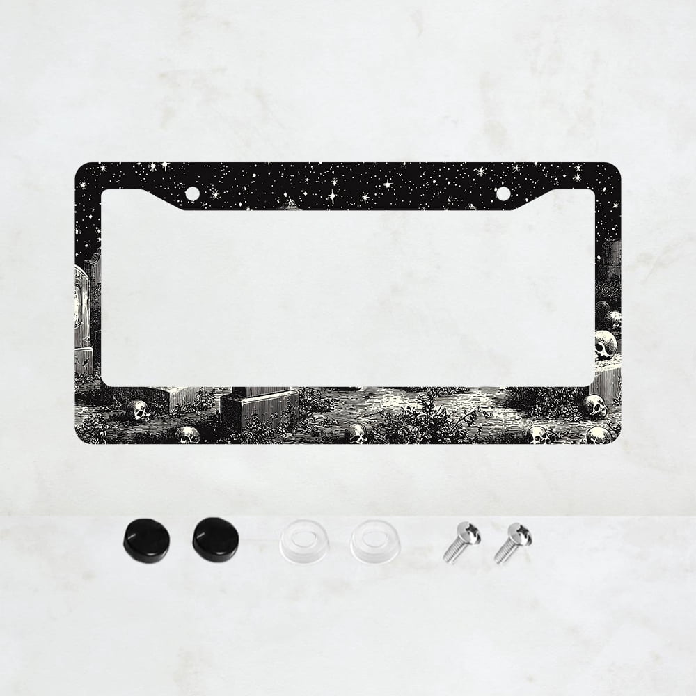 1pc Black Aluminum 2-Hole License Plate Frame with Skulls and Stars ...