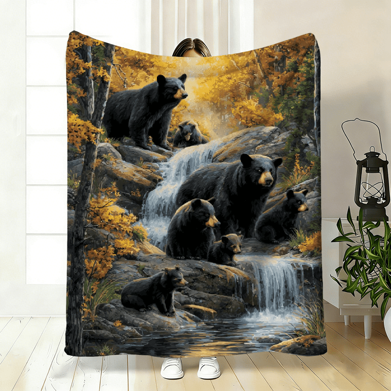 1pc Black Bear Wildlife Vintage Cabin Forest Waterfall Fleece Throw ...