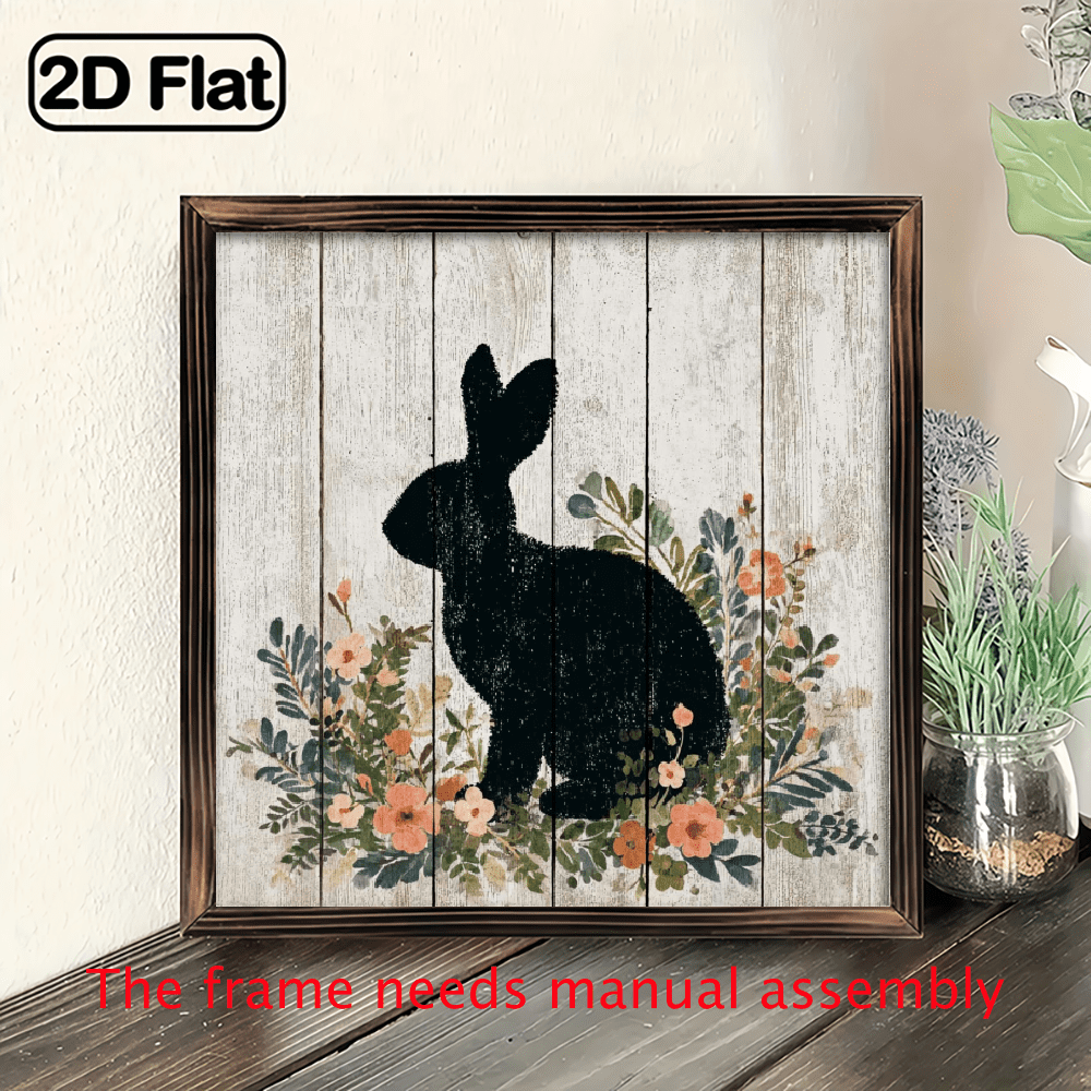 1pc, Black Bunny Silhouette with Floral Wreath Wooden Framed Sign ...