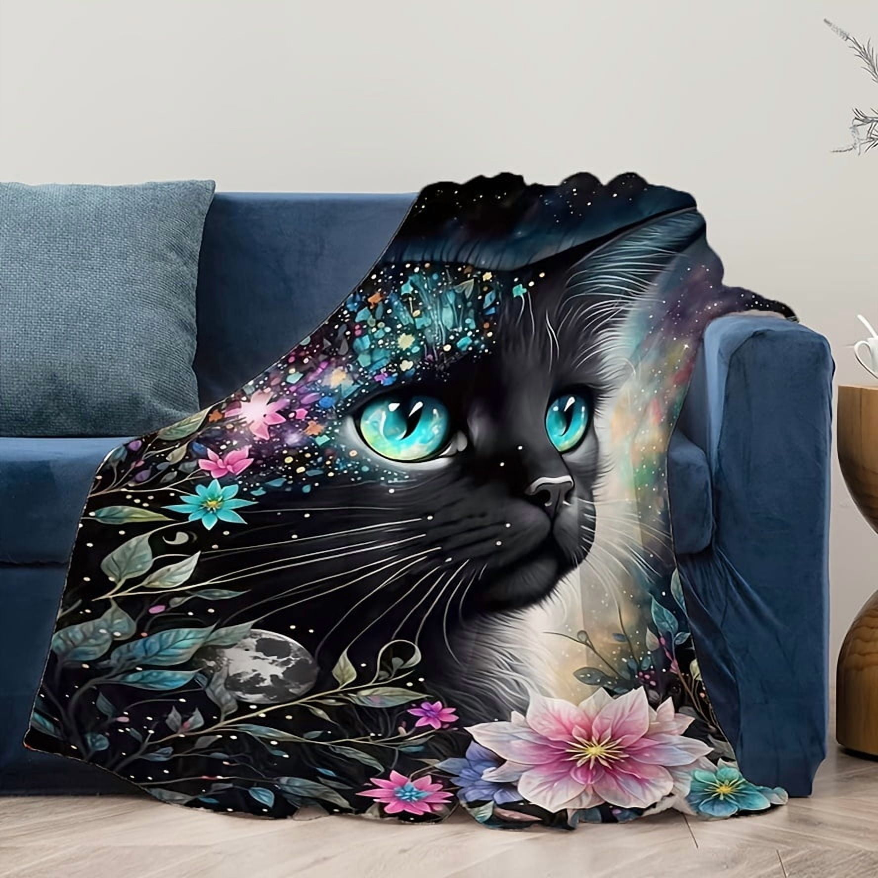 1pc Black Cat Flannel Throw Blanket - All-Season Cozy Polyester Bed ...