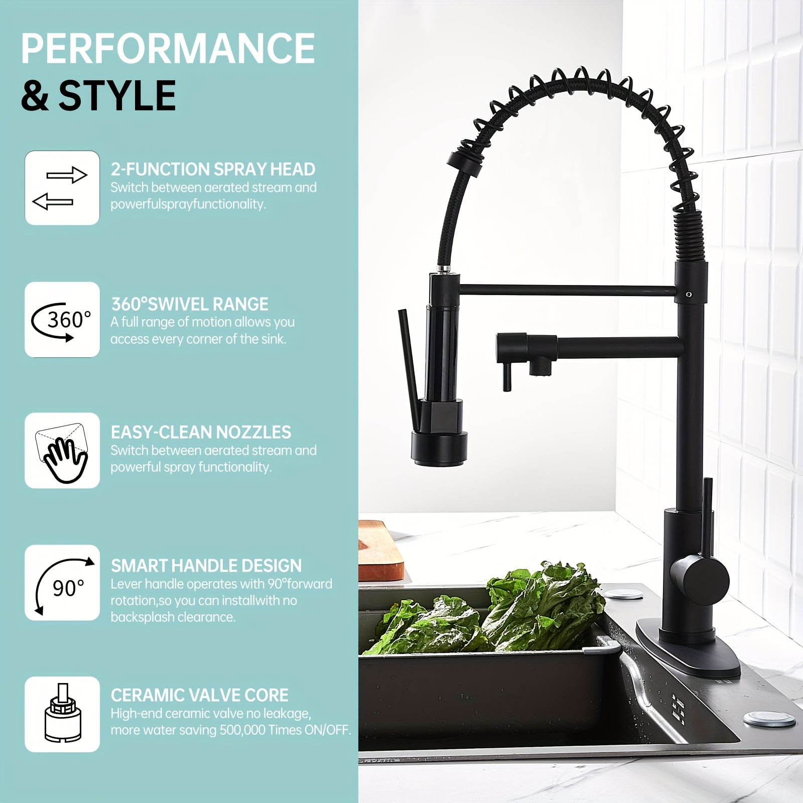 1pc Black Kitchen Multi-function Spring Rotating Faucet With Base Plate ...