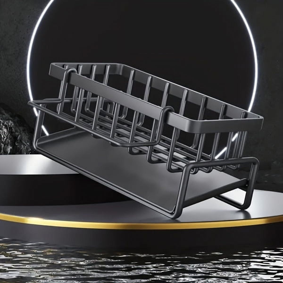 1pc Black Sponge Drain Rack With Dishcloth Holder, Stainless Steel Sink ...