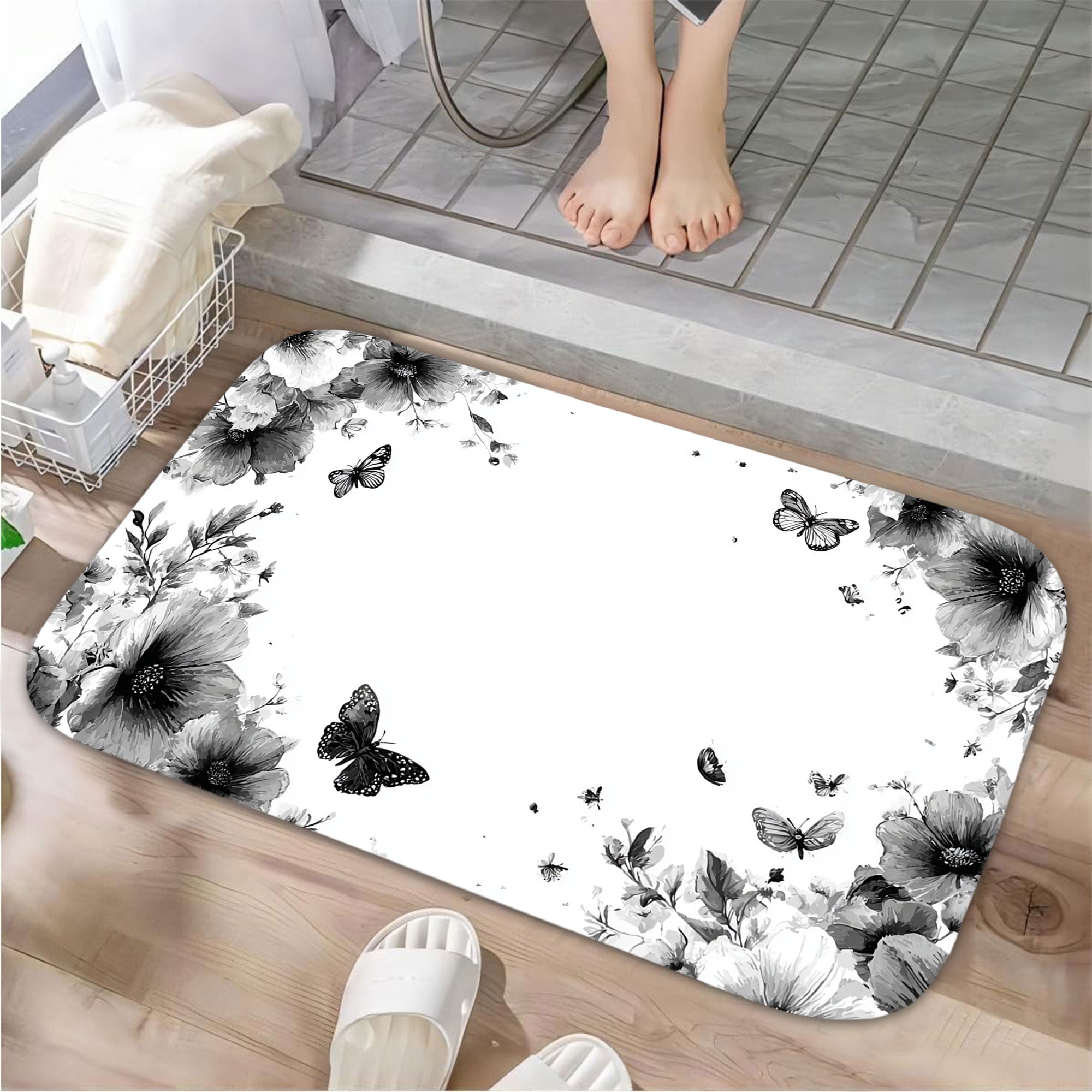 1pc Black and White Flowers Absorbent Non-Slip Bathroom Thickened ...