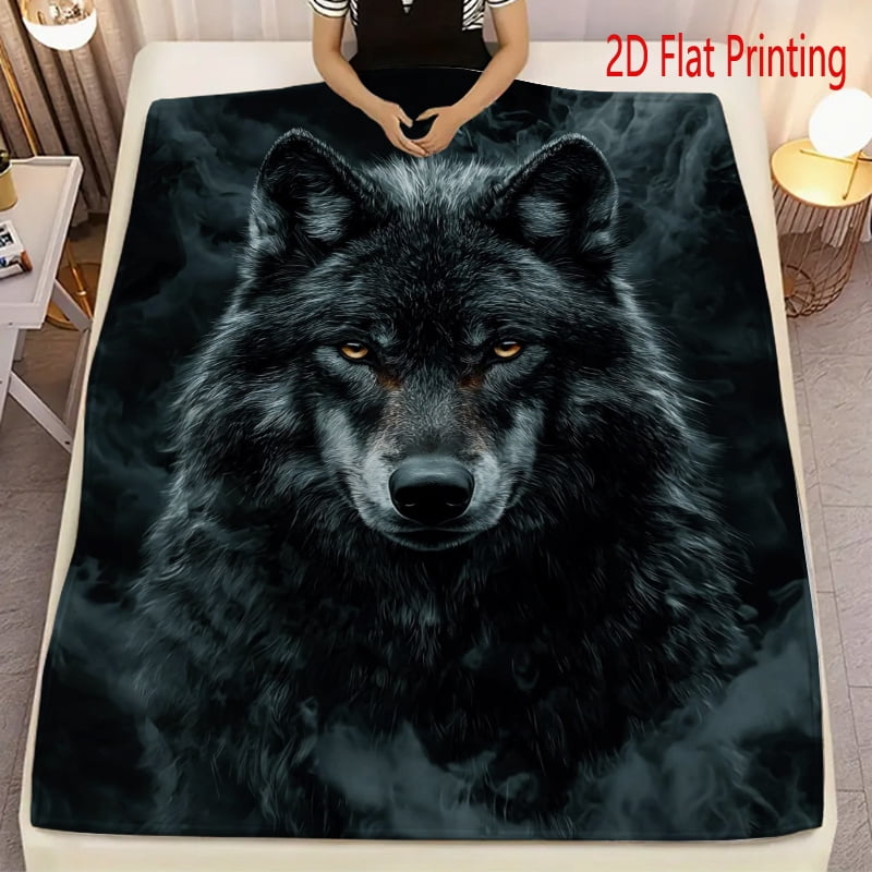 1pc Black Wolf Print Flannel Blanket Dark Forest Wolf & Wild Animal ...