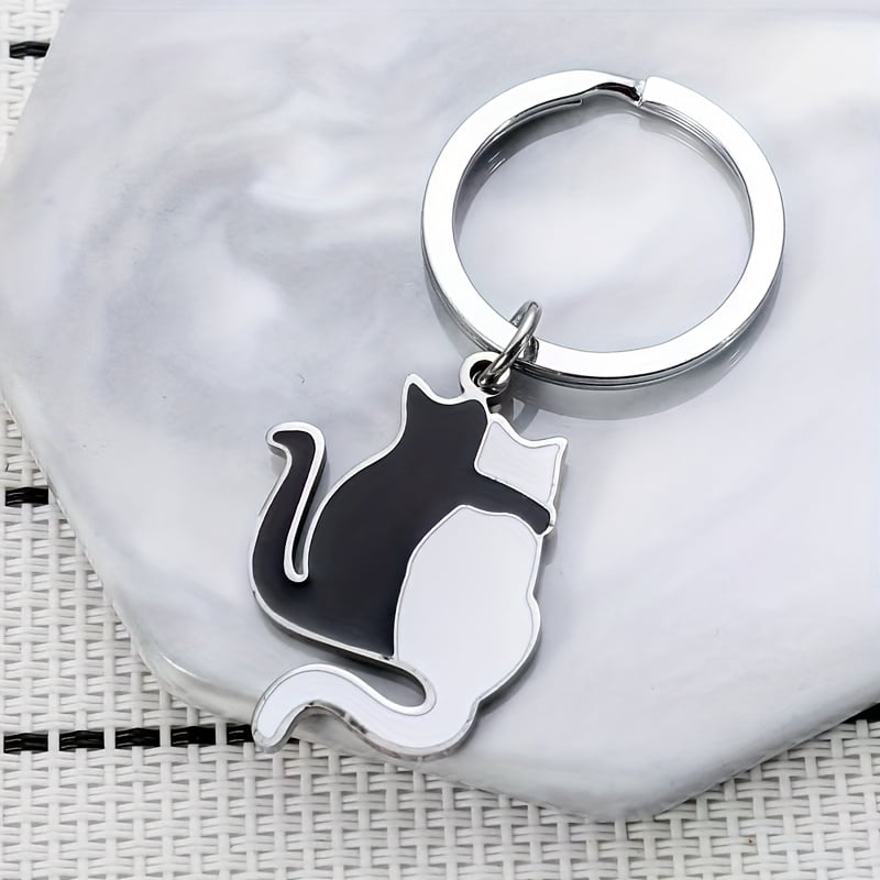 1pc Black and White Back View Cat Keychain Couple Keyring Creative ...