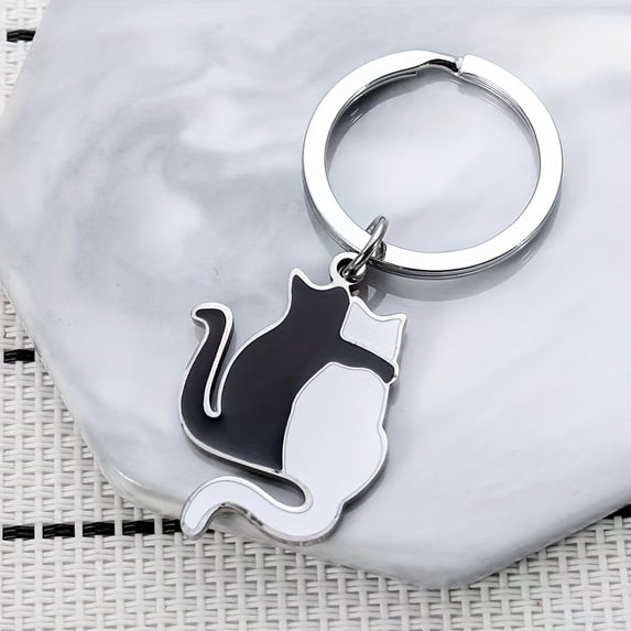 1pc Black and White Back View Cat Keychain Couple Keyring Creative ...