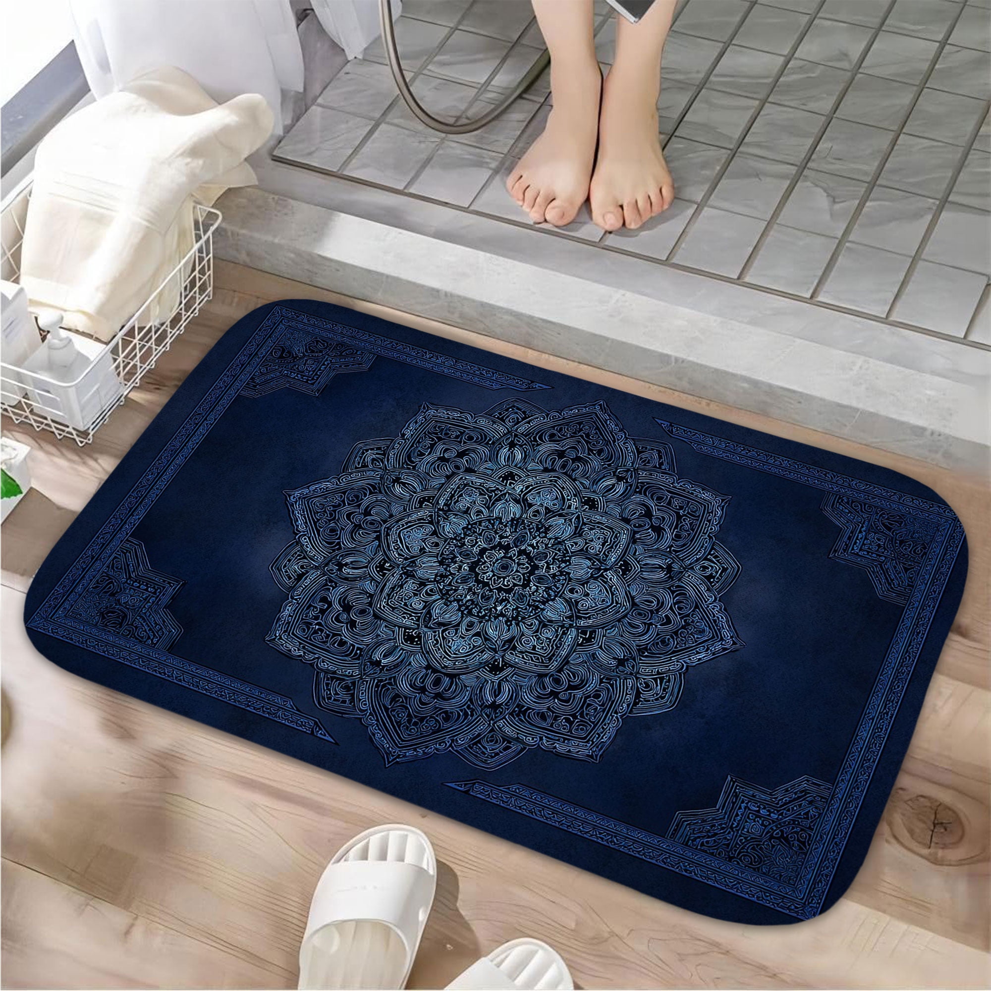 1pc Blue Mandala Pattern Absorbent Non-Slip Bathroom Thickened Flannel ...