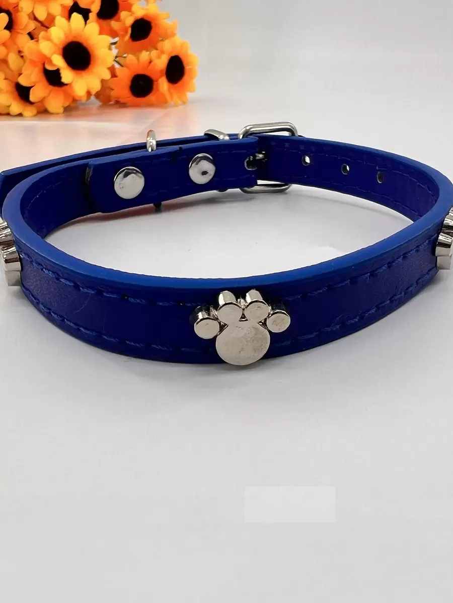 1pc Blue Paw Print Pet Collar – Cowhide Leather, Hair-Friendly, Ideal ...