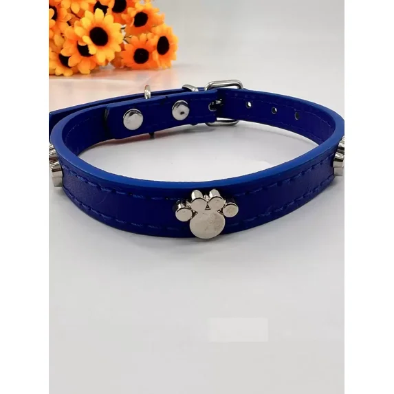 1pc Blue Paw Print Pet Collar – Cowhide Leather, Hair-Friendly, Ideal ...