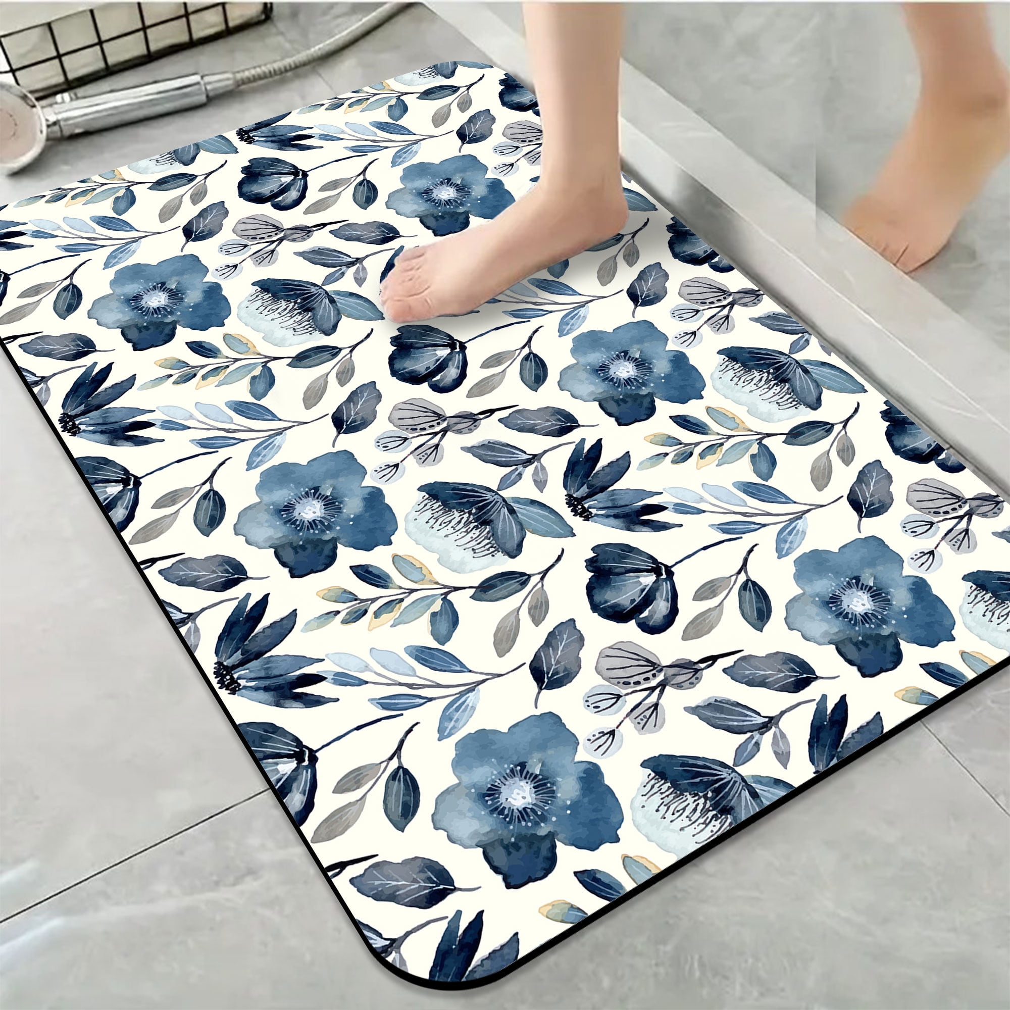1pc Blue Watercolor Floral Bathroom Rug Bathroom Decor and Accessories ...