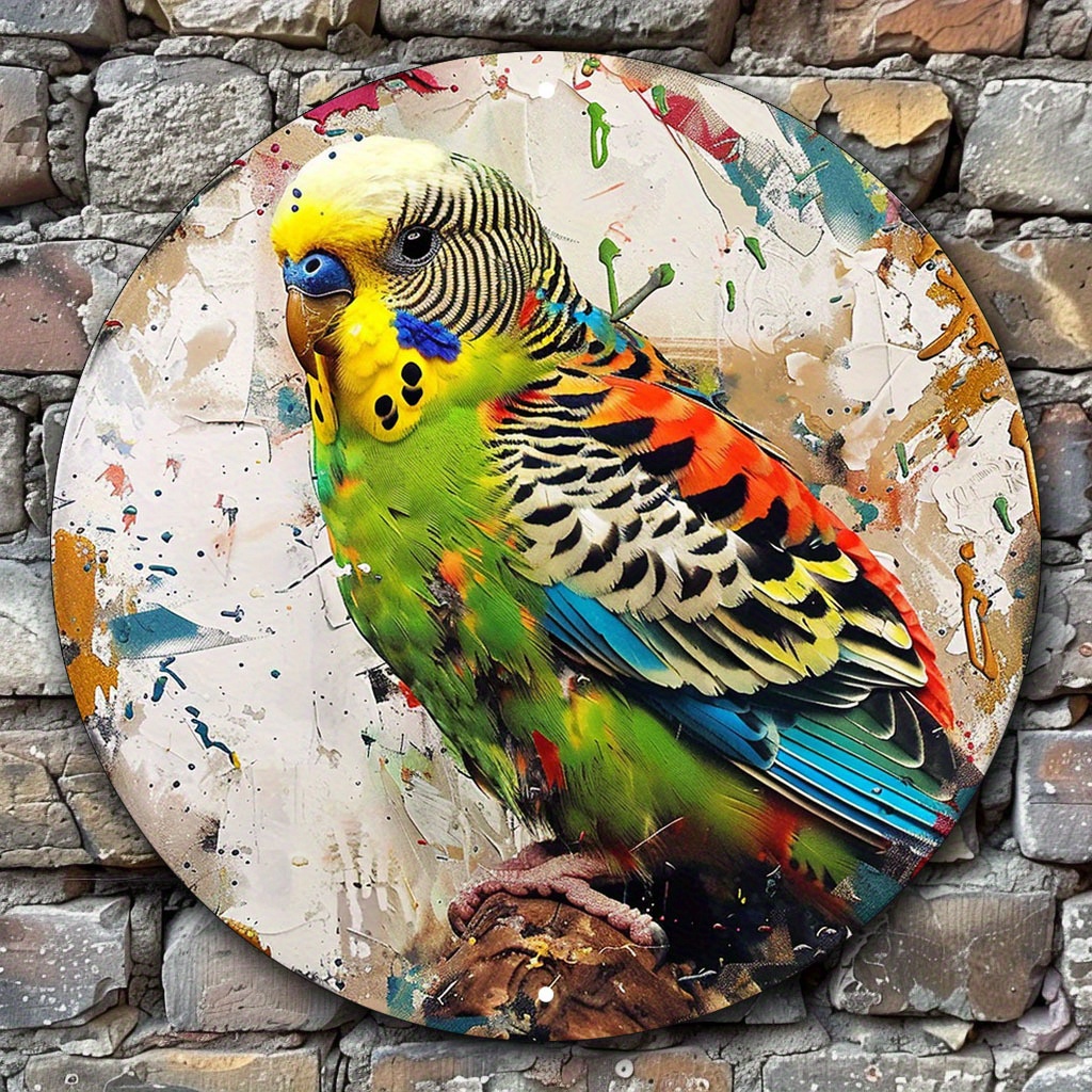 1pc, Budgerigar Round Metal Wall Decor, Whimsical Paint-Splatter Parrot ...