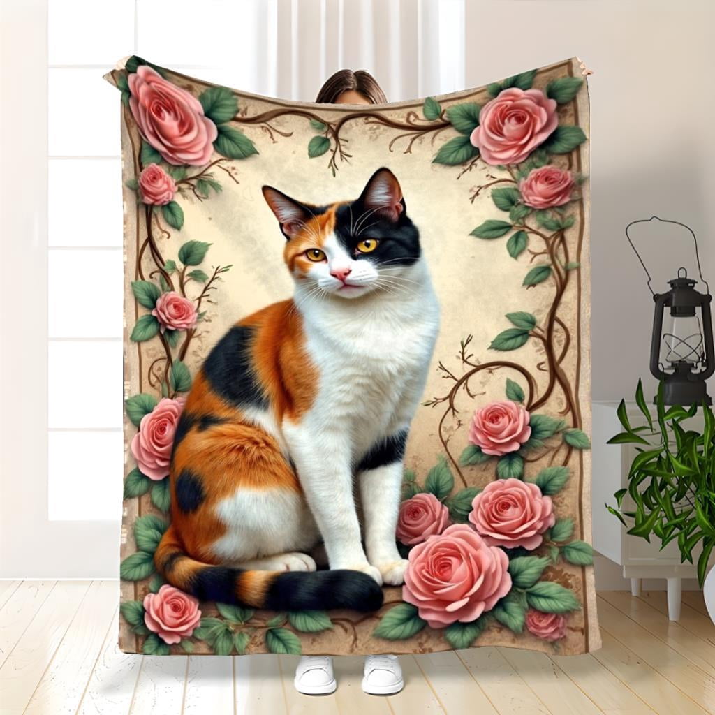 1pc Calico Cat & Roses Blanket - Ultra-Soft Bedspread with Multi-Color ...