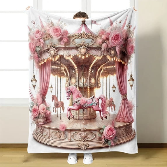 1pc Carousel Theme Flannel Blanket, Pink Rose Print, Soft, Warm ...
